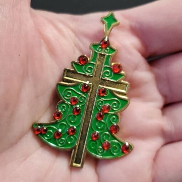 Unbranded | Jewelry | Vintage Gold Tone Holiday Tree Brooch Red Green ...